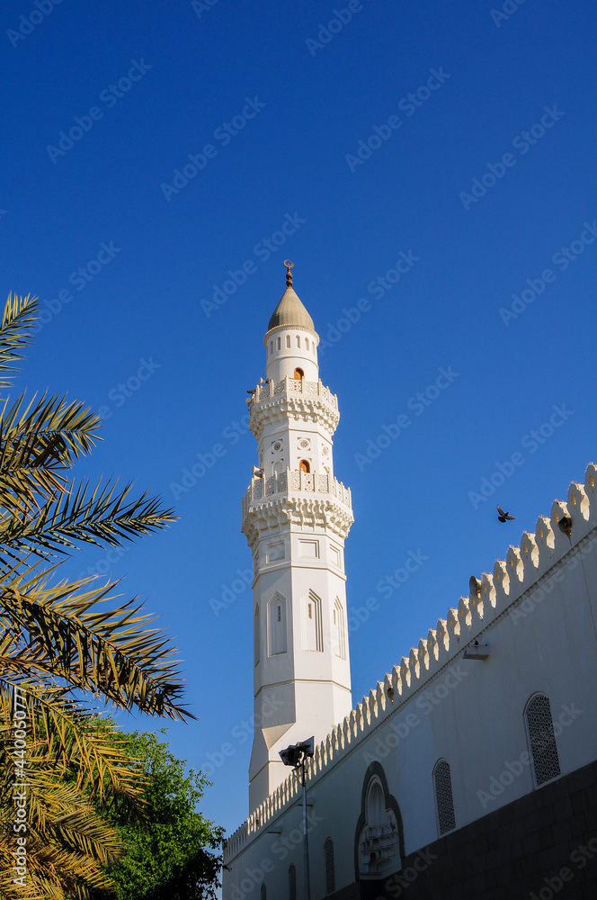 Beautiful minaret of the Qubba mosque in Madinah. Stock Photo | Adobe Stock