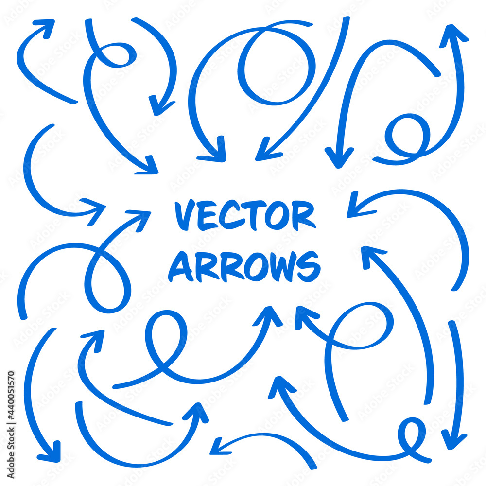 Blue hand drawn arrows isolated on white background. Doodle arrow ...