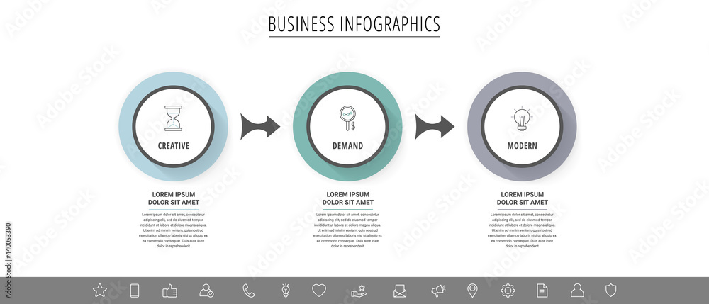 Business vector infographics with three circles and arrows. Timeline ...