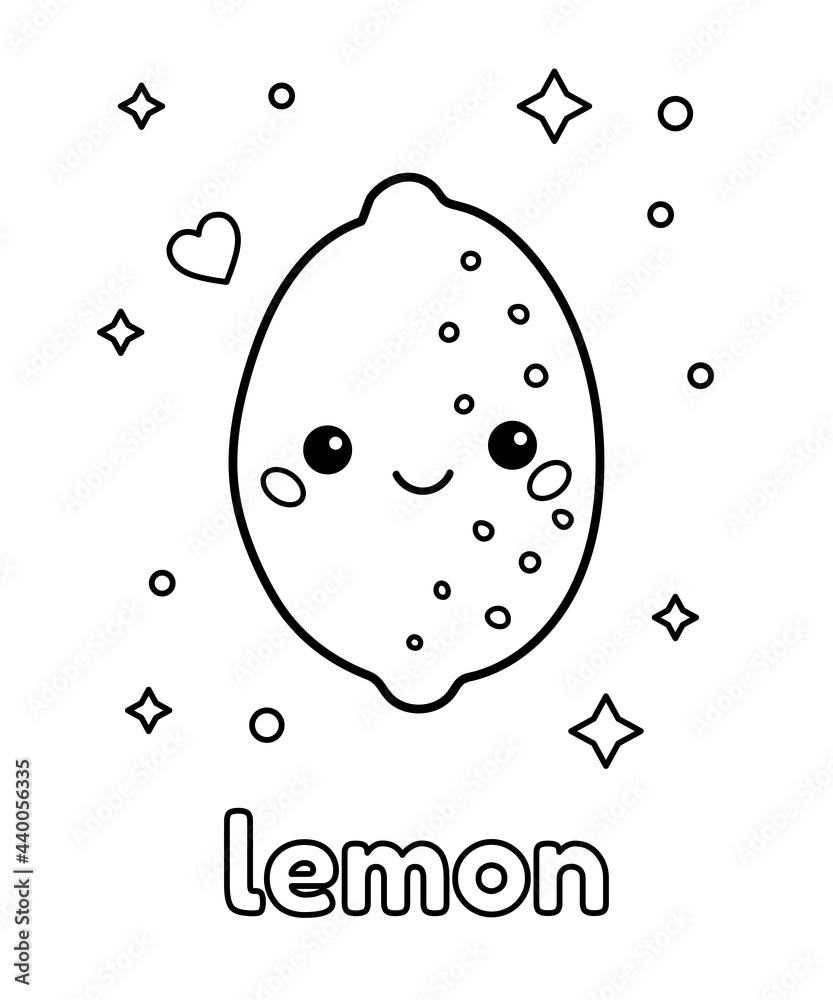 Cute kawaii lemon with face. Coloring page with cartoon fruit. Healthy ...