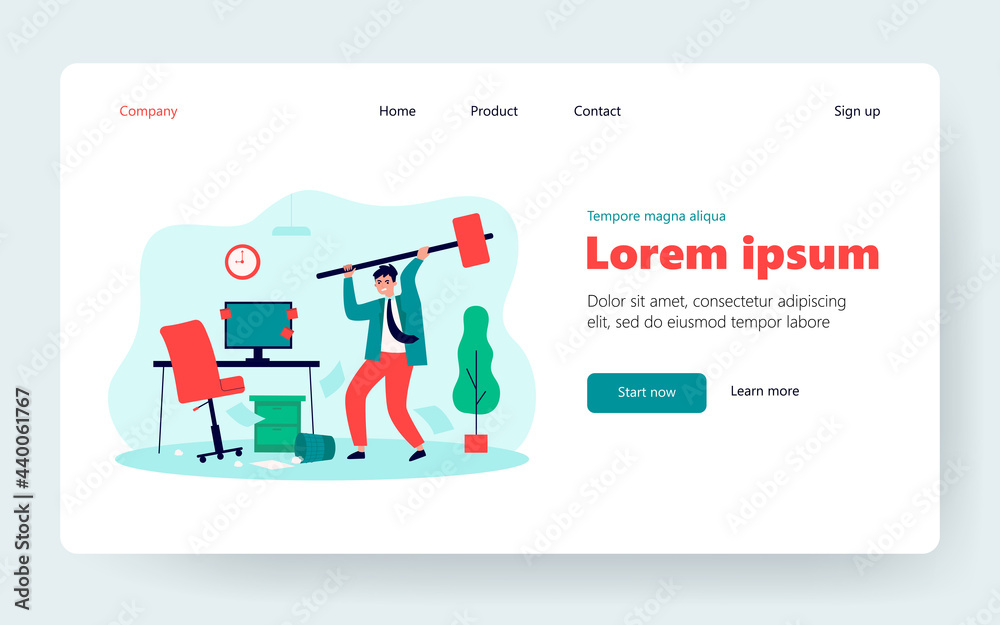 Angry office worker destroying personal computer with hammer isolated ...