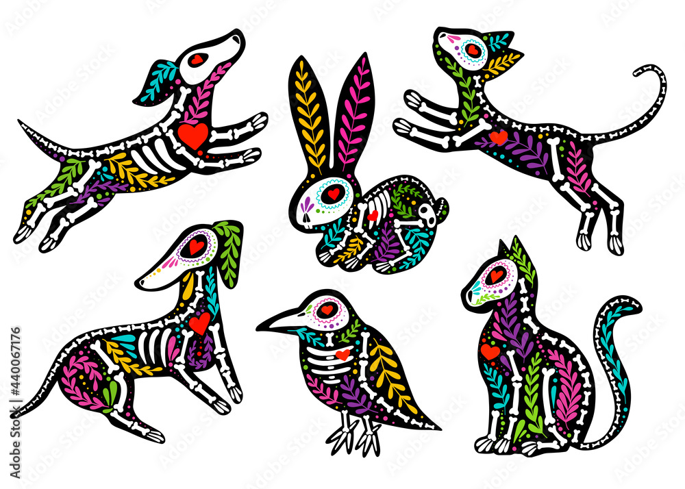 Vector colorful set of skeletons of pet animals with floral design ...