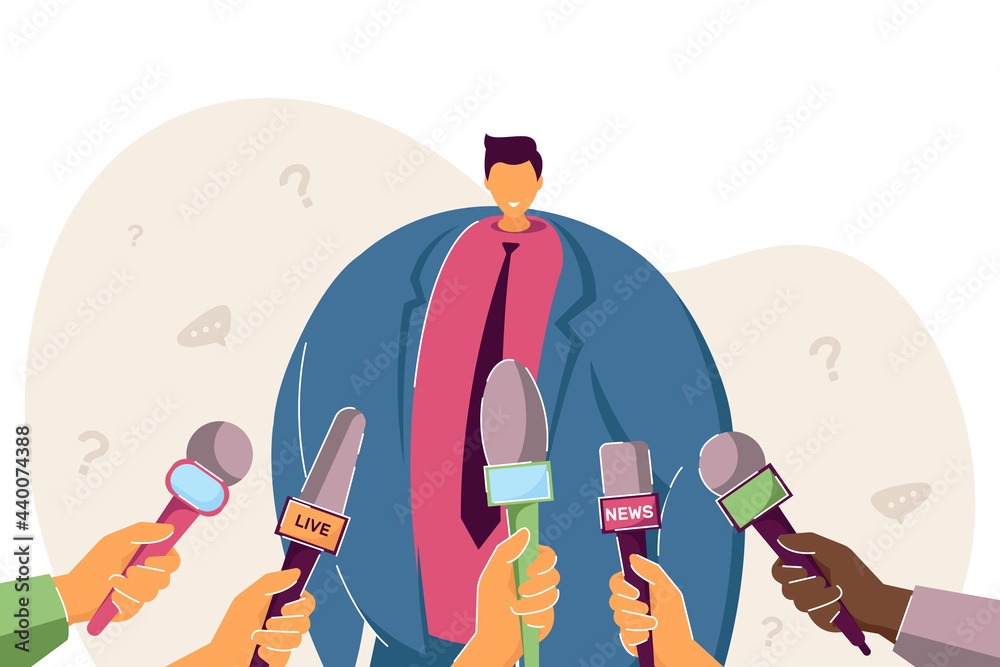 Cartoon guy giving interview to press and television. Flat vector ...