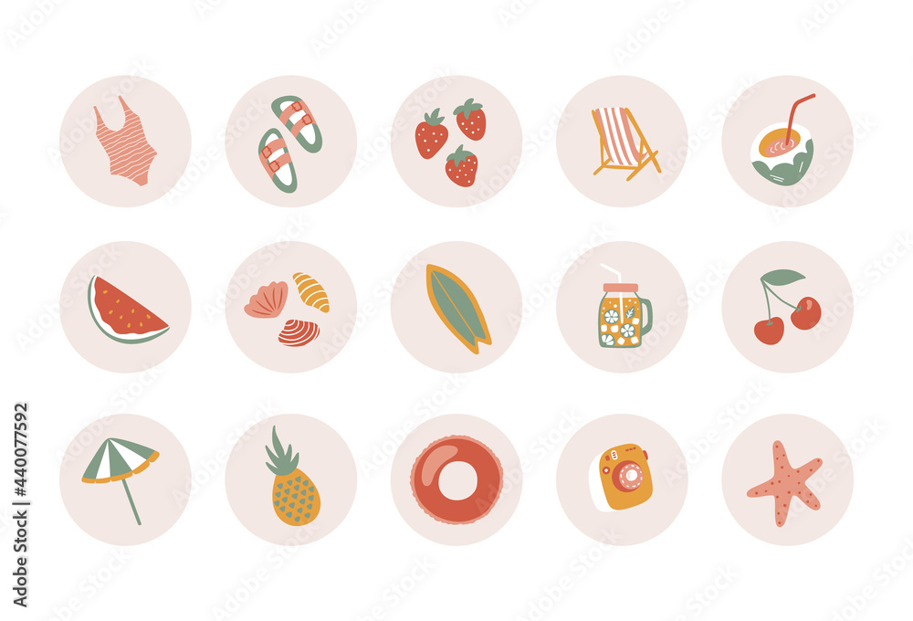 Summer circle stickers with fruits, drinks, swimsuit and beach umbrella ...