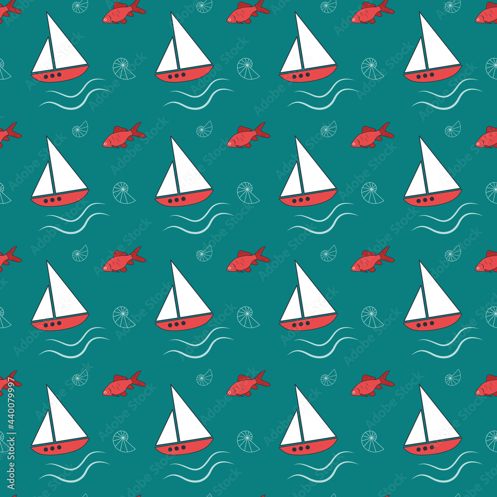 Summer sea pattern with ships, waves and fish on a blue background ...
