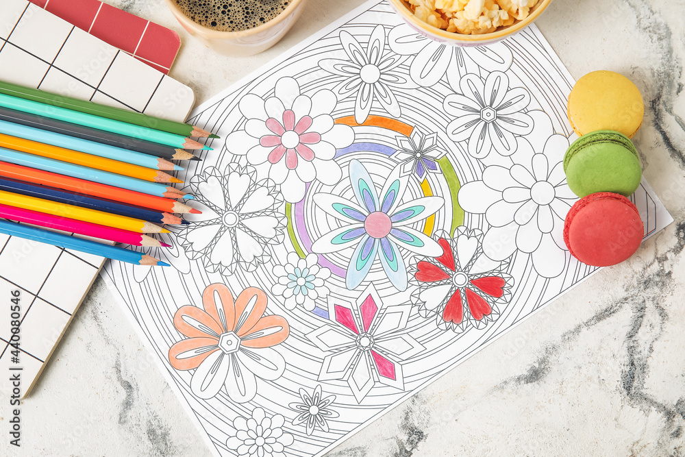 Composition with coloring picture on light background Stock Photo ...