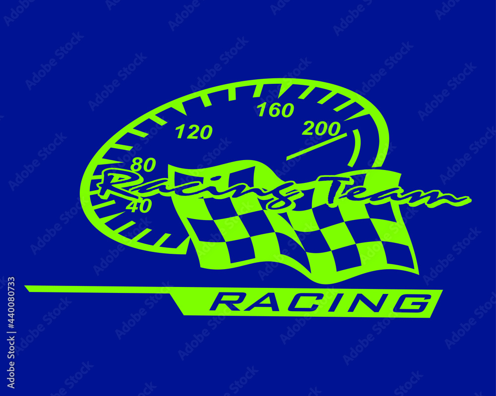 racing team logo design with speedometer icon and track flag. green ...