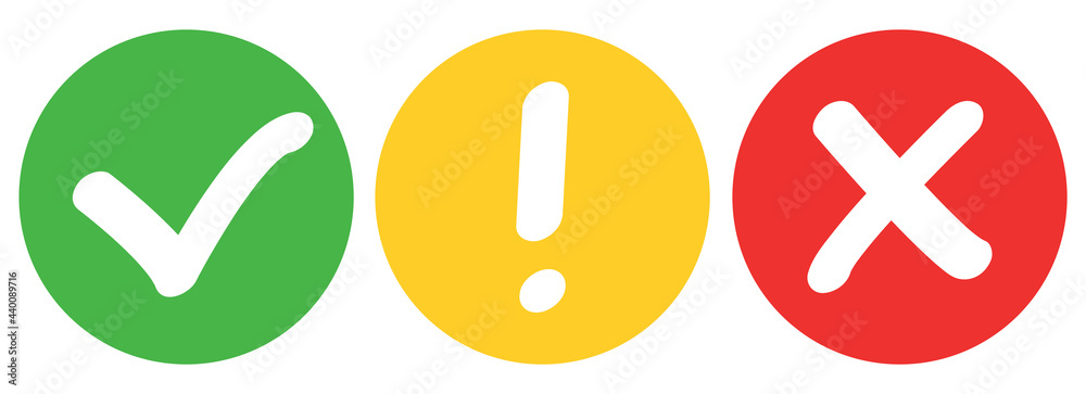 Set of flat round check mark, exclamation point, X mark icons, buttons ...