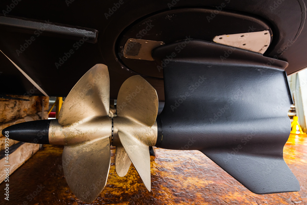 Azimuth twin-screw motor on a motor boat, bottom view. The bottom of a ...