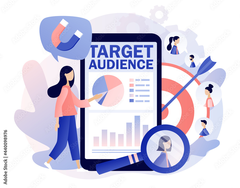 Target audience. Tiny woman set up advertice on social networks in ...