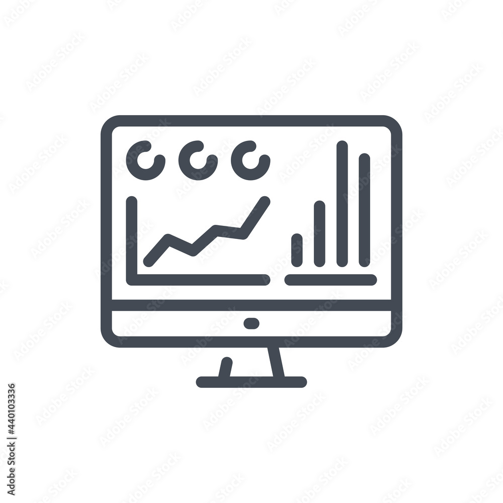 Online statistics and analytics line icon. Computer with chart, graph and data report vector ...