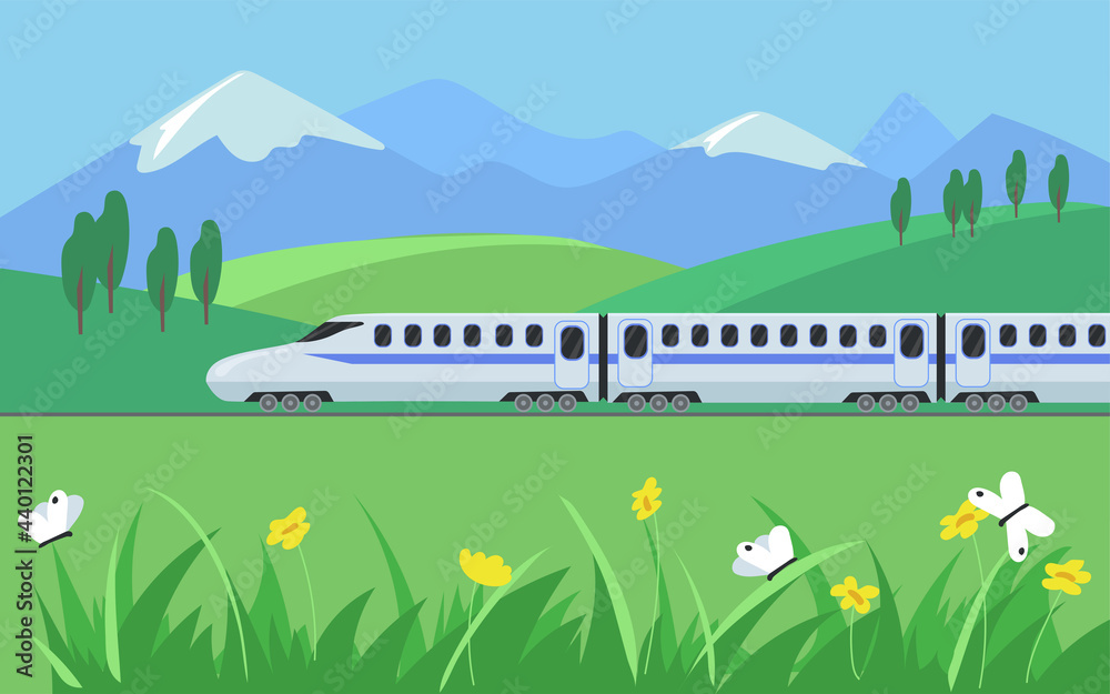 Modern train and beautiful natural landscape around. Cartoon vector ...