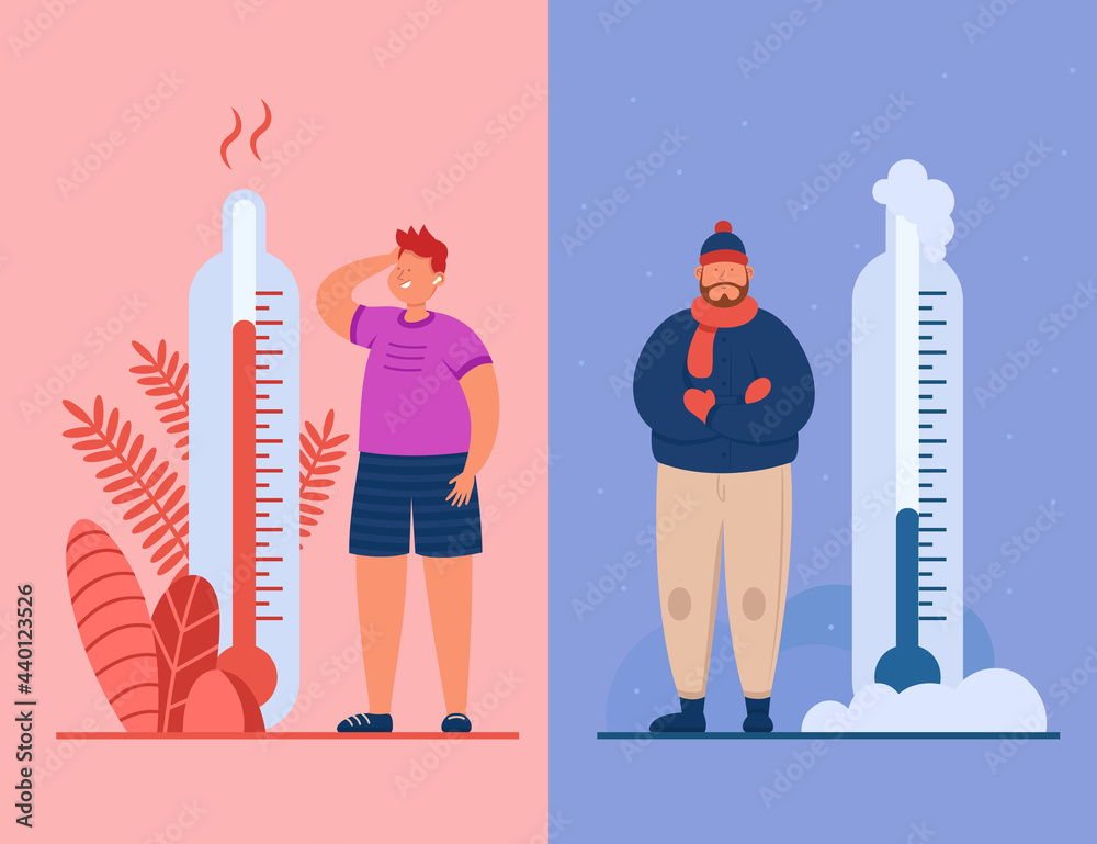 Men in heat and cold weather flat vector illustration. Male people in ...