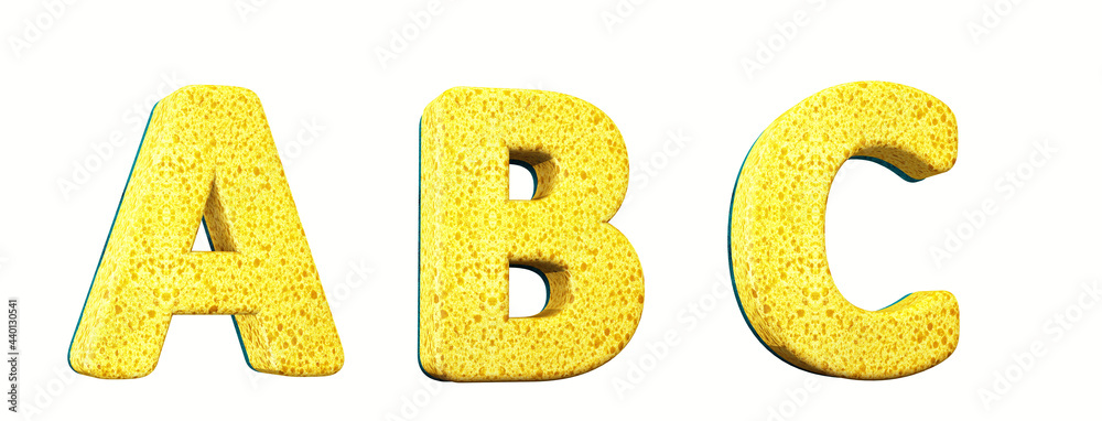 Sponge alphabet. Letters in 3d render. Cleaning festival. Letters A, B ...