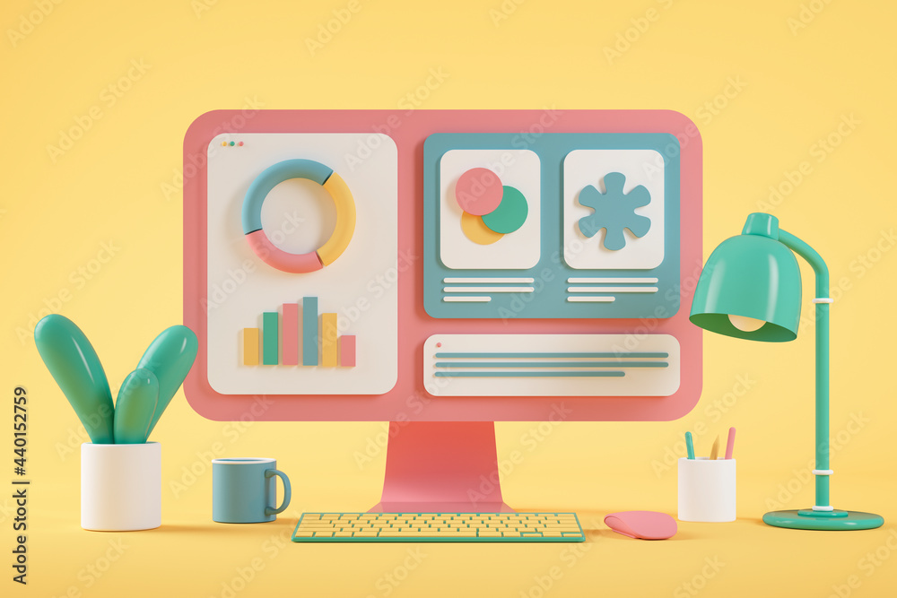 Cartoon computer with graph and design on screen against yellow ...