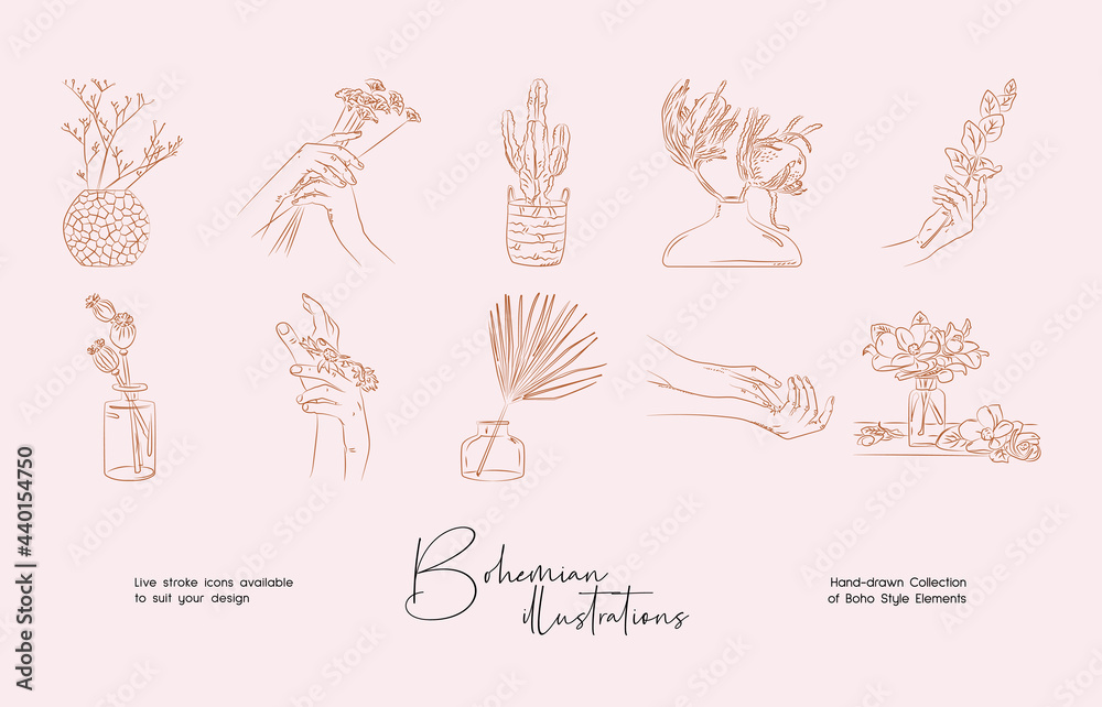 Elegant hand-drawn boho style wall art vector set. Bohemian line art ...