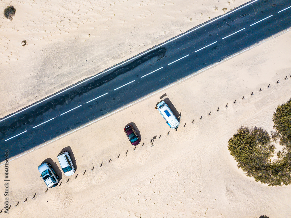 Aerial view of camping van on a street in Fuerteventura Stock Photo ...