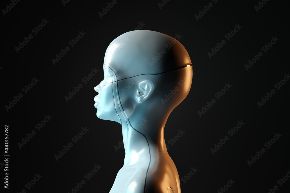 Three dimensional render of gynoid standing against black background ...