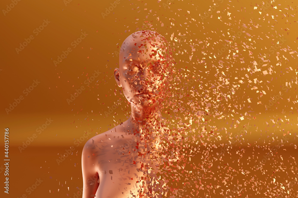 3D illustration of female character dissolving into pieces Stock Photo ...