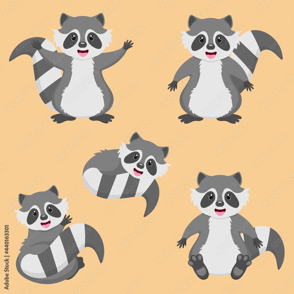 Set of cartoon raccoon characters. Cute cartoon raccoon. Stock Vector ...