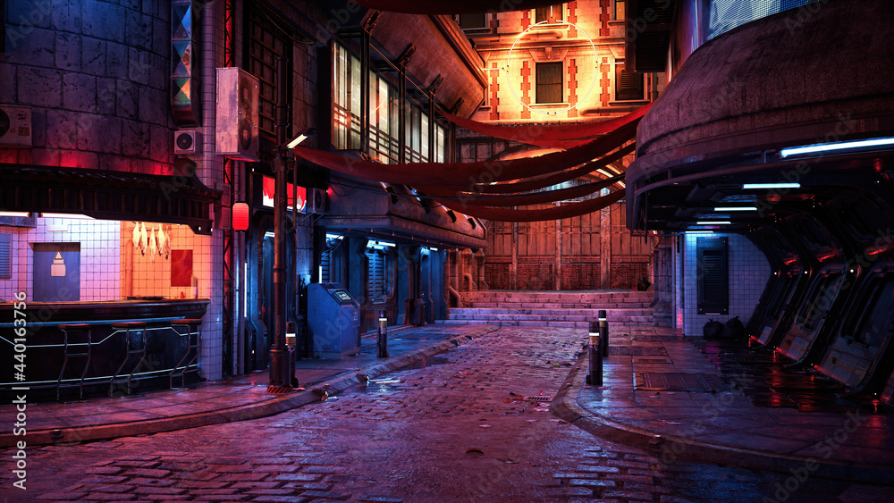 3D rendering of a cyberpunk city street at night. Stock Illustration ...