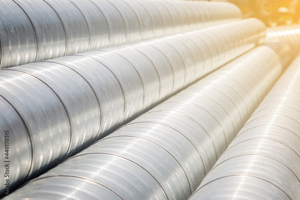 Ventilation pipe warehouse. Steel pipes, parts for the construction of ...