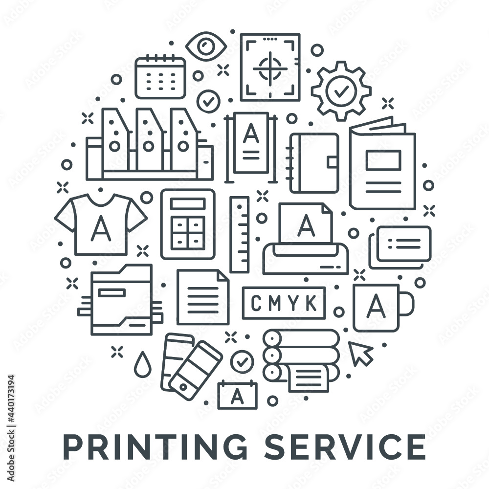 Printing service or prepress background design with icons in a circle ...