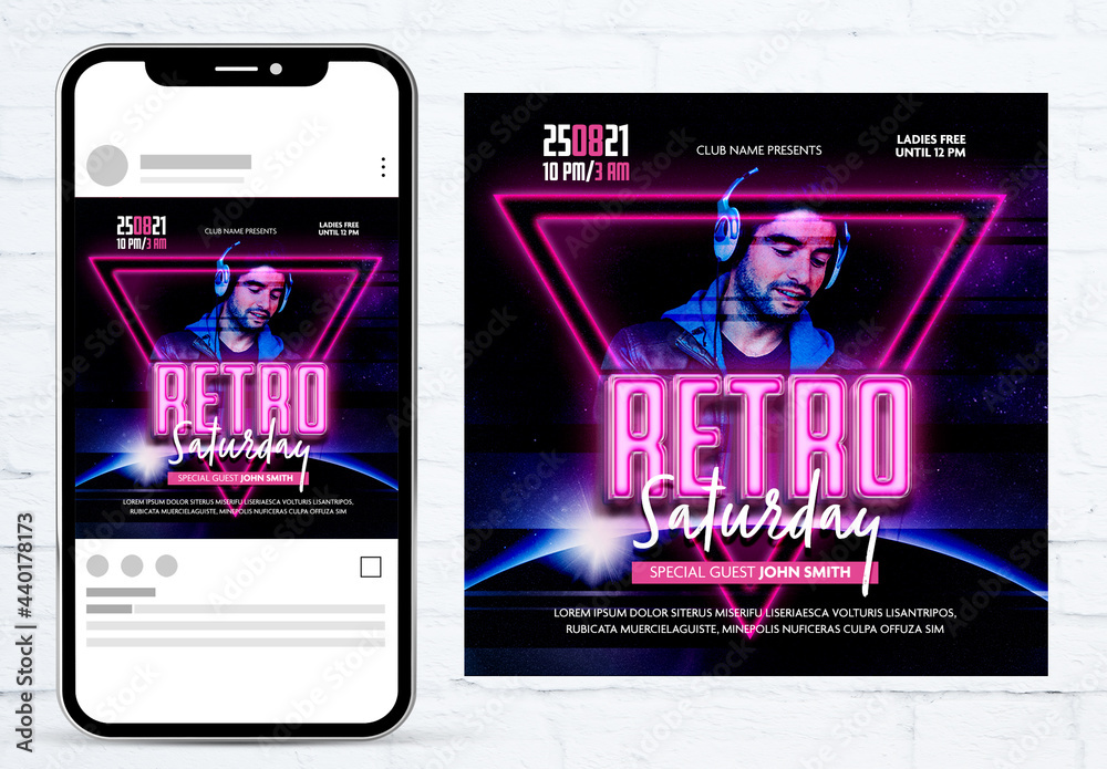 Retro Party Neon Social Media Post Stock Template | Adobe Stock