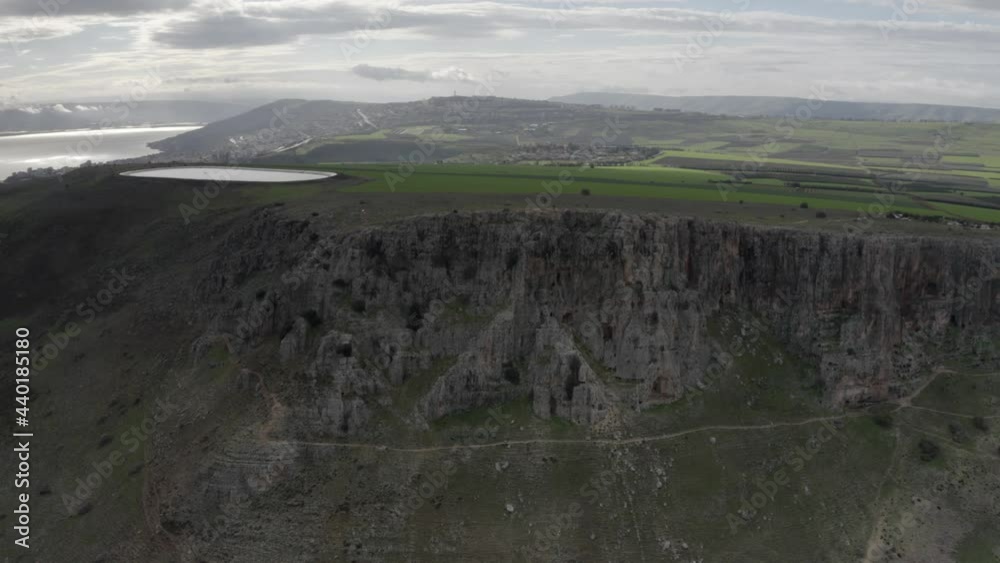 Aerial view of the Mount Arbel near the Sea of Galilee in Israel drone ...