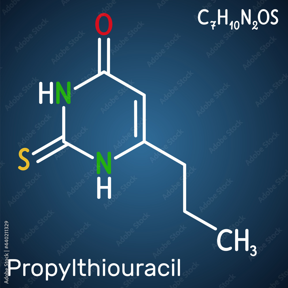 Propylthiouracil, PTU molecule. It is thiourea derivative with ...