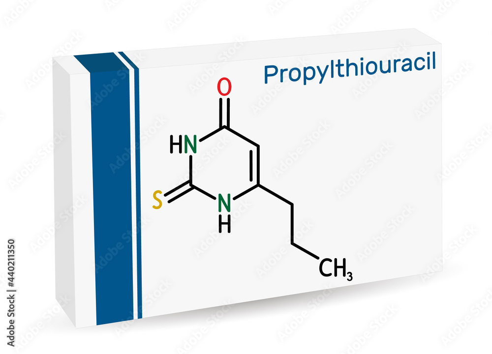 Propylthiouracil, PTU molecule. It is thiourea derivative with ...