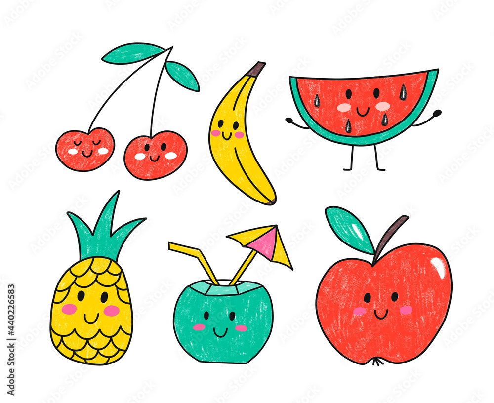 Set of tropical fruits. Kawaii characters elements Cute face emotions ...