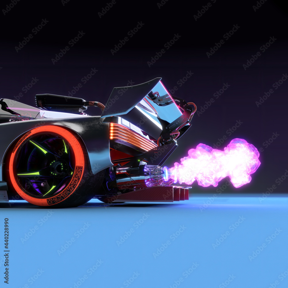 Futuristic Style Cyber Car Creates Purple Exhaust Flames. 3D Rendering ...