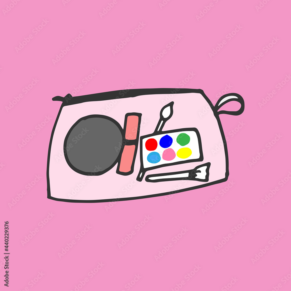 makeup pouch illustration on ponk background. pouch with compact powder ...