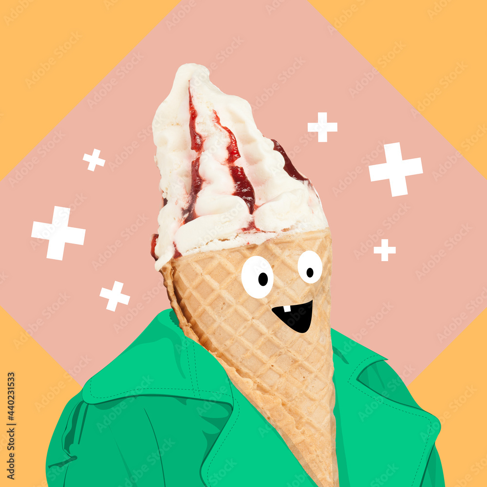 Funny ice cream cone as human face and green fashion blazer. Stock ...