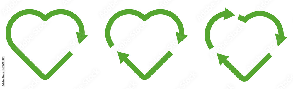 Collection of recycle heart symbol. Black heart shape recycle icons ...