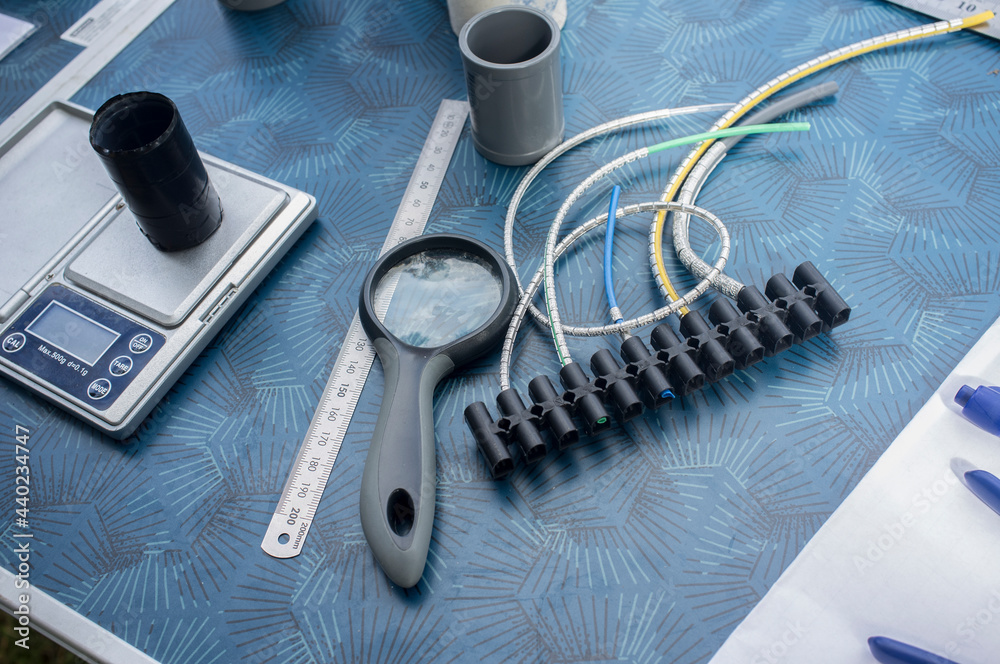 Bird ringing or bird banding equipment. Ruler, digital scale and ...