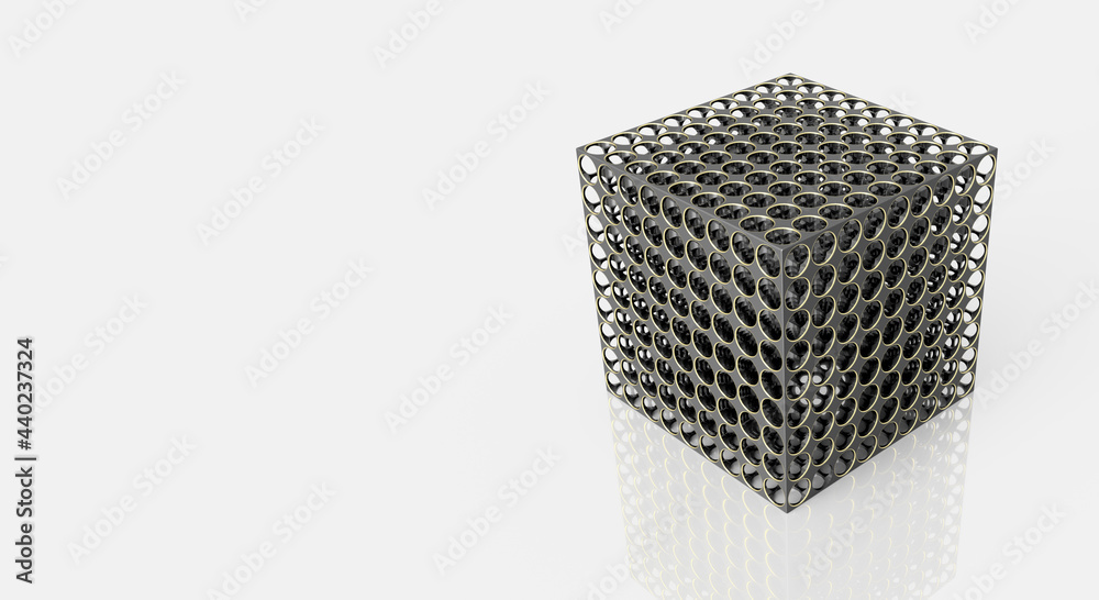 3d render, an illustration of an abstract cube with many holes. A ...
