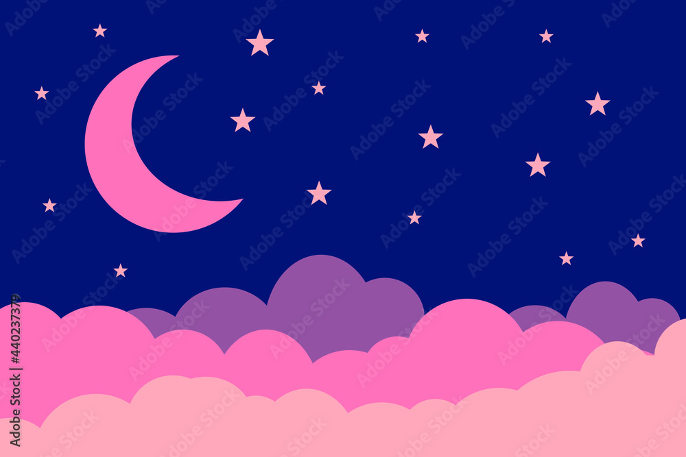 Flat style illustration pink moon stars clouds background design. Good ...