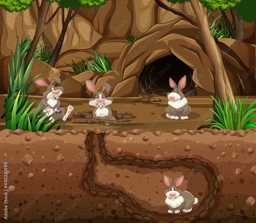 Underground animal burrow with rabbit family Stock Vector | Adobe Stock