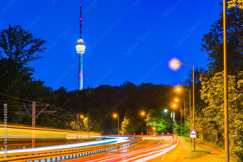 Germany, City scape of stuttgart city skyline and traffic next to ...
