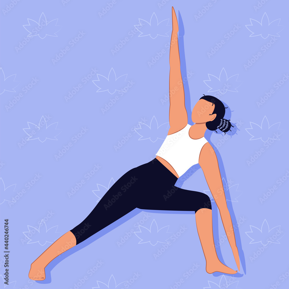 Vector. A cartoon girl with a slender figure is engaged in yoga. Knee ...