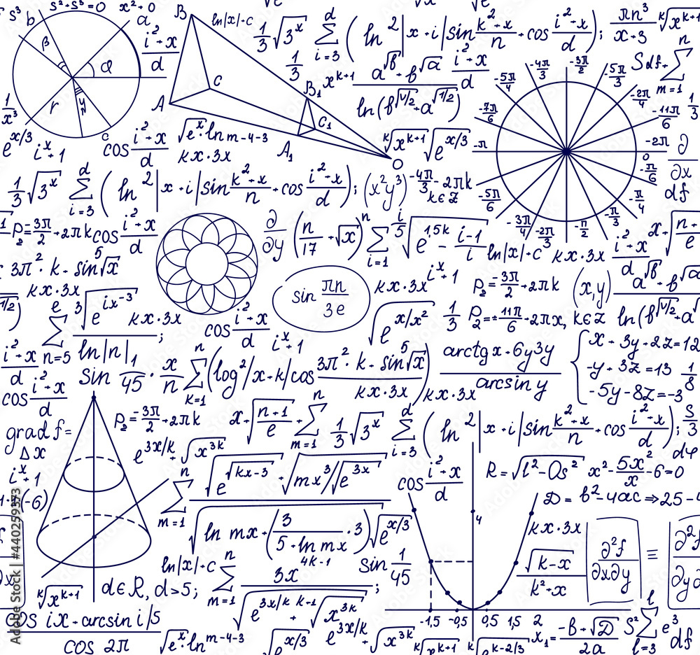 Scientific vector seamless pattern with handwritten technical formulas, physics and math ...