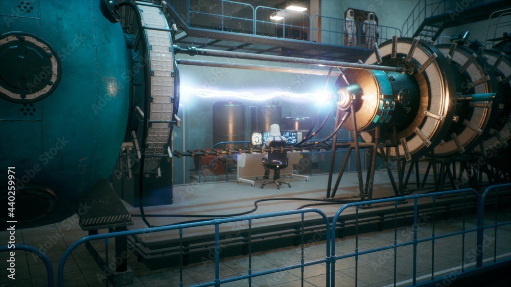 Scientists watch the work of a time machine or a futuristic ...