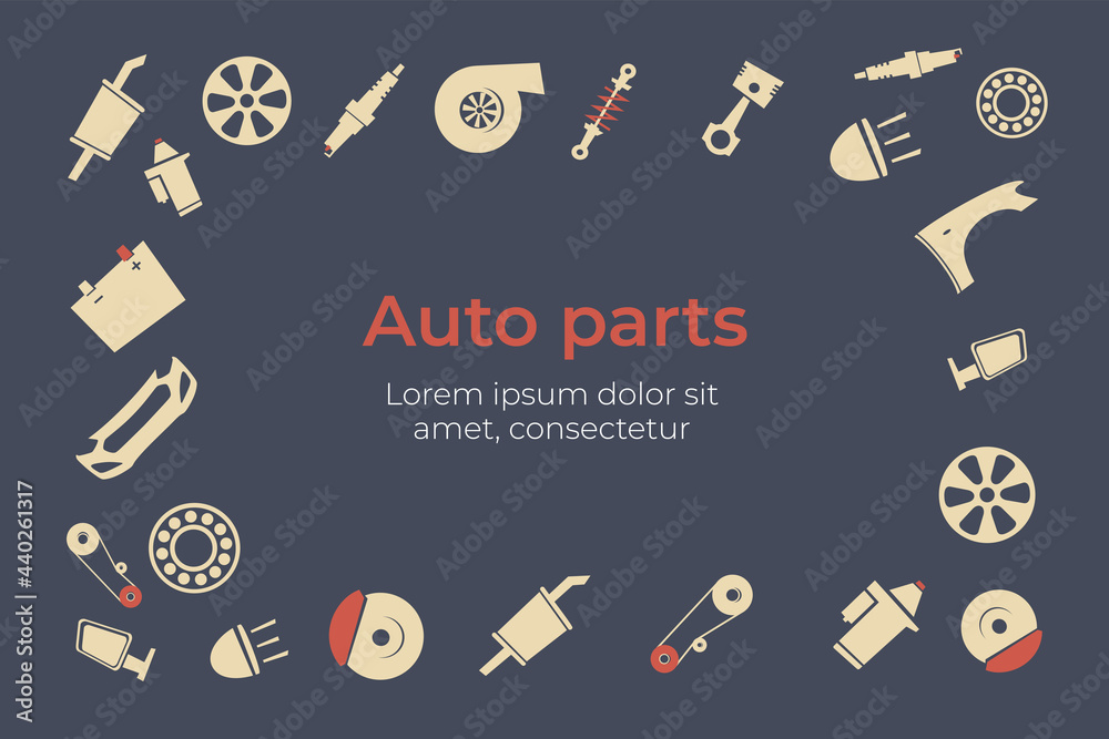 Auto spare parts banner, set car spare for car repair and service.Shock ...