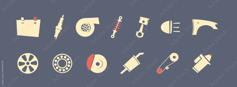 Set auto spare parts for car repair and service. Pictogram.Shock ...
