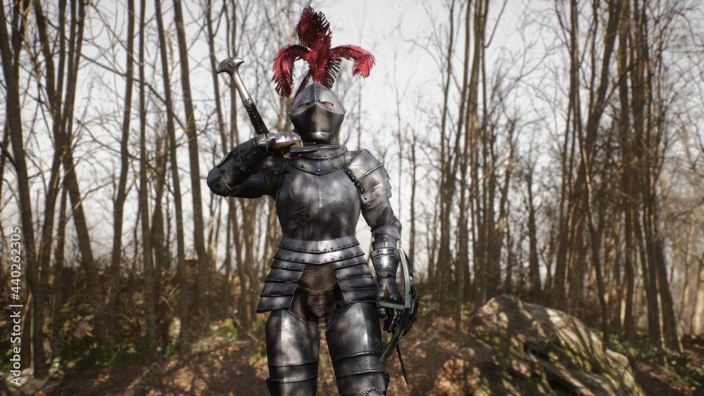 Medieval formidable knight strides through the morning forest on his ...