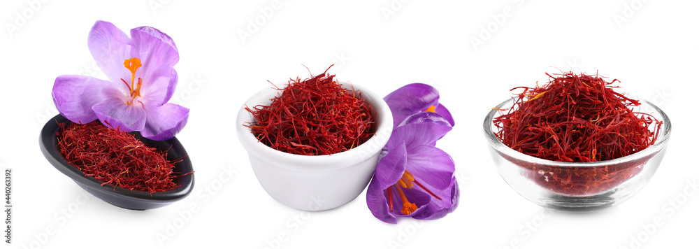 Dried saffron and crocus flowers on white background, collage. Banner ...