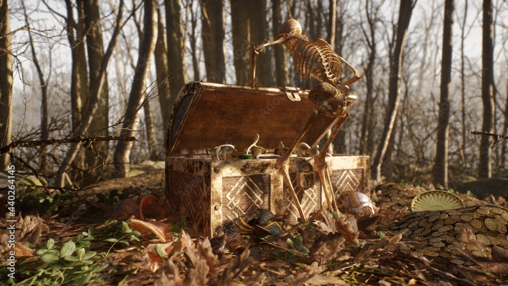 A creepy skeleton in a summer sunny forest opens an ancient chest with ...