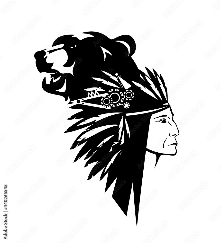 native american tribal chief wearing feathered headdress nad wild bear ...